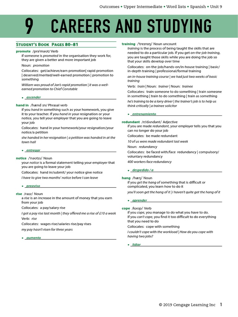 Outcomes - Upper Intermediate - Word Lists - Spanish - U9 PDF | PDF | Adjective | Verb