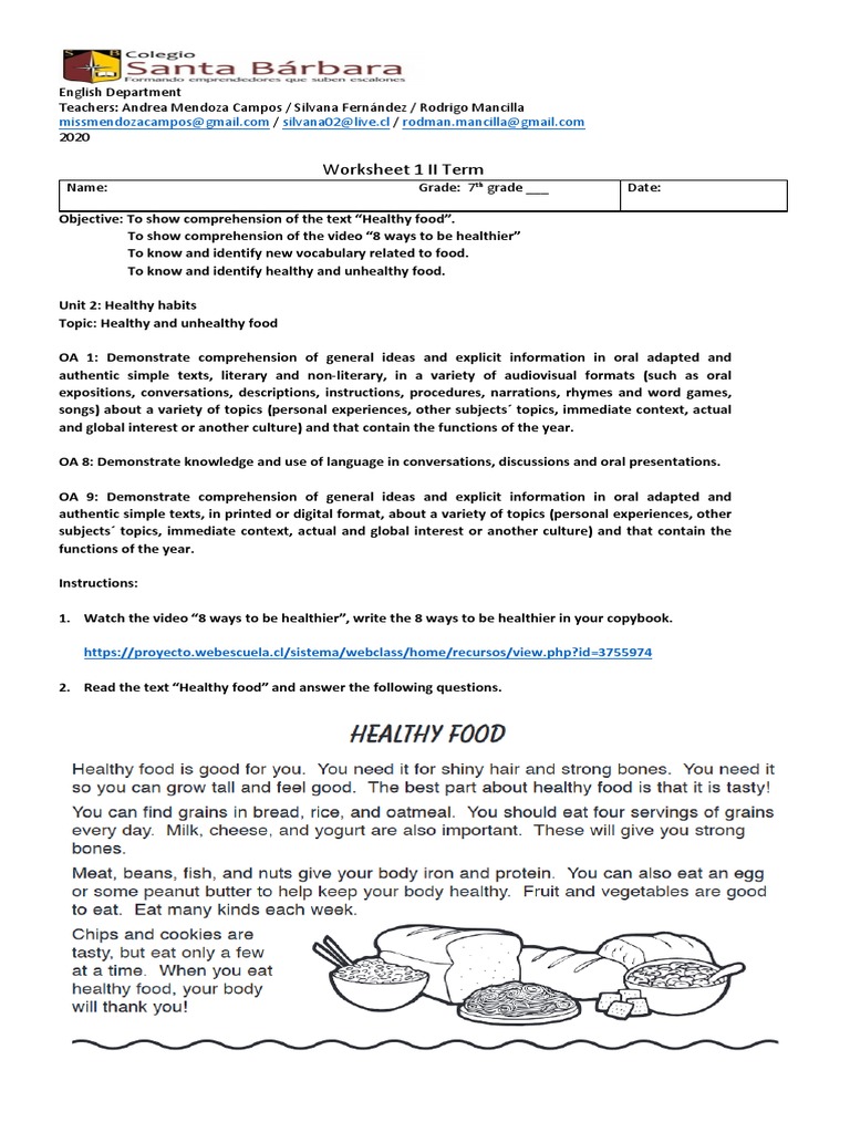 Worksheet 1 II Term: Silvana02@live - CL | PDF | Foods | Cognition