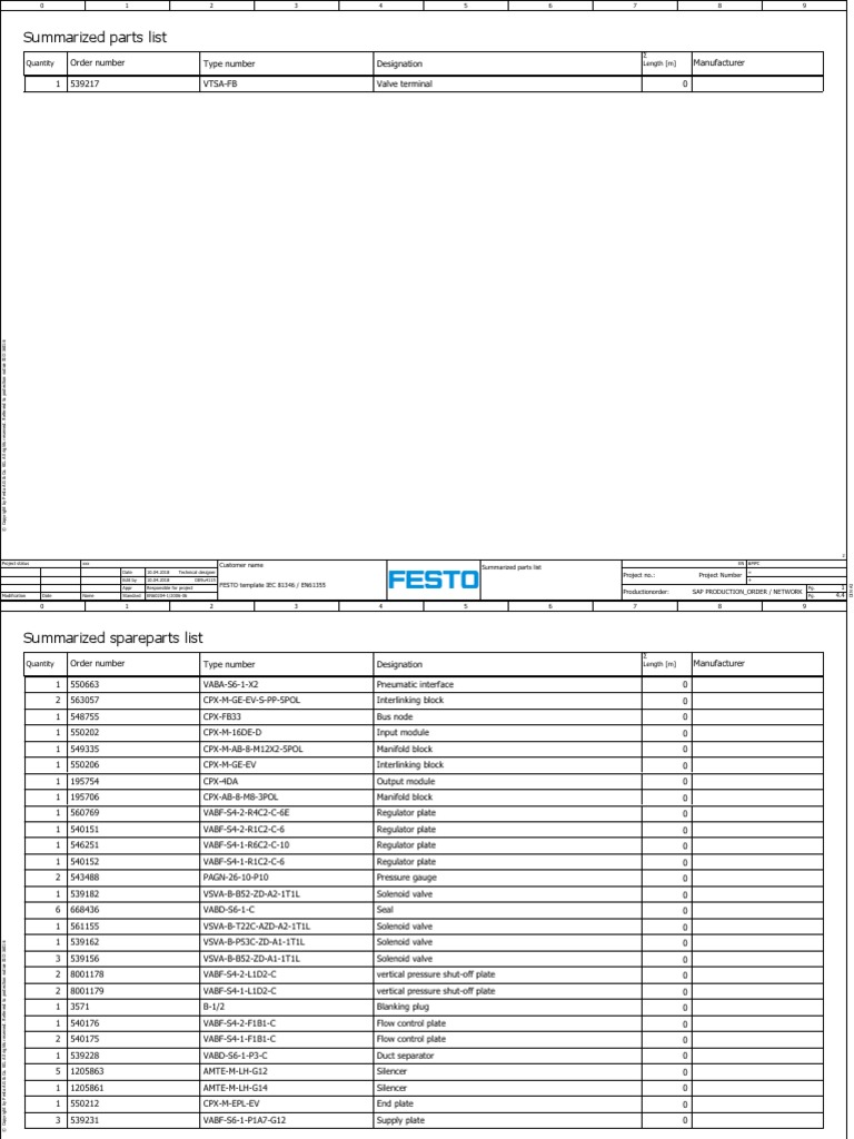 Summarized Parts List: Type Number Manufacturer Order Number ...