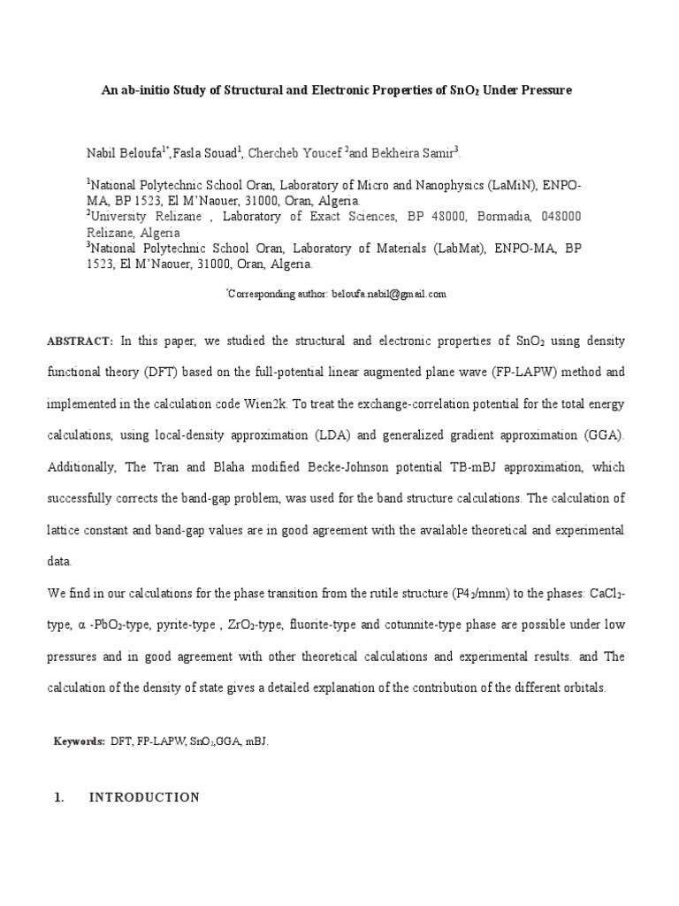 An Ab-Initio Study of Structural and Electronic Properties of Sno Under Pressure | PDF | Density ...