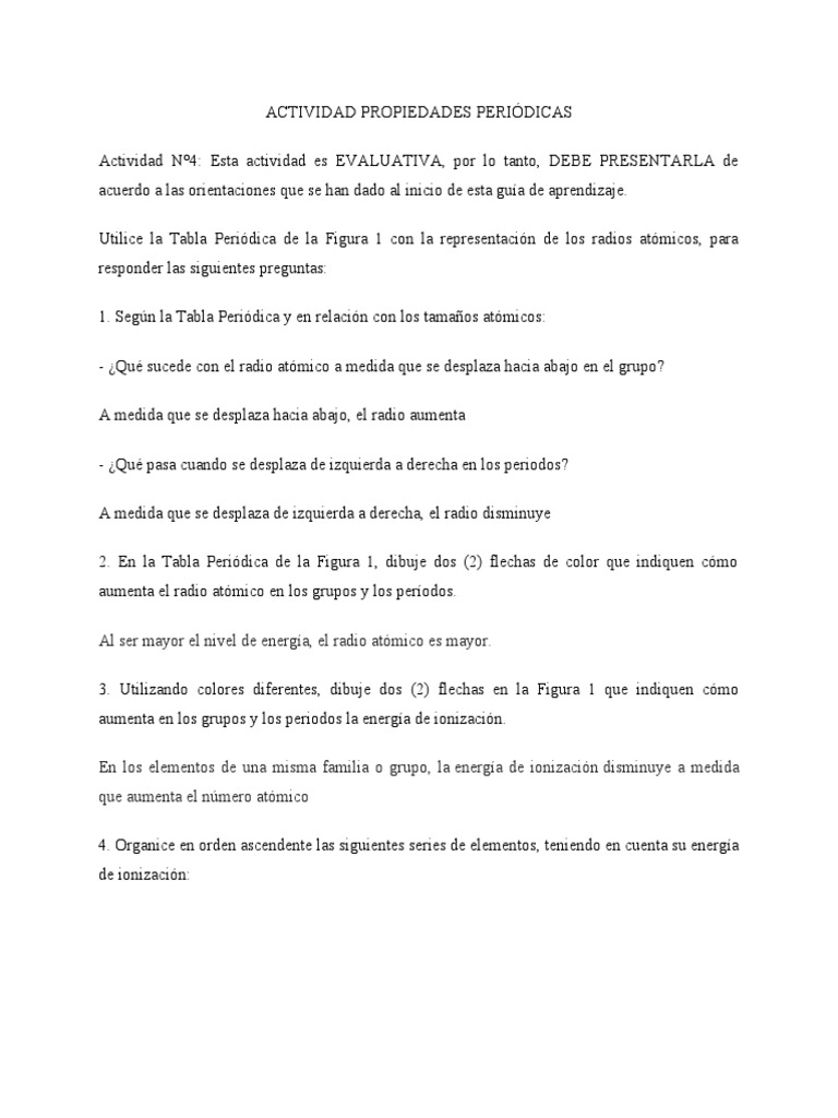 Actividades sobre Propiedades Periódicas | PDF | Tabla periódica ...