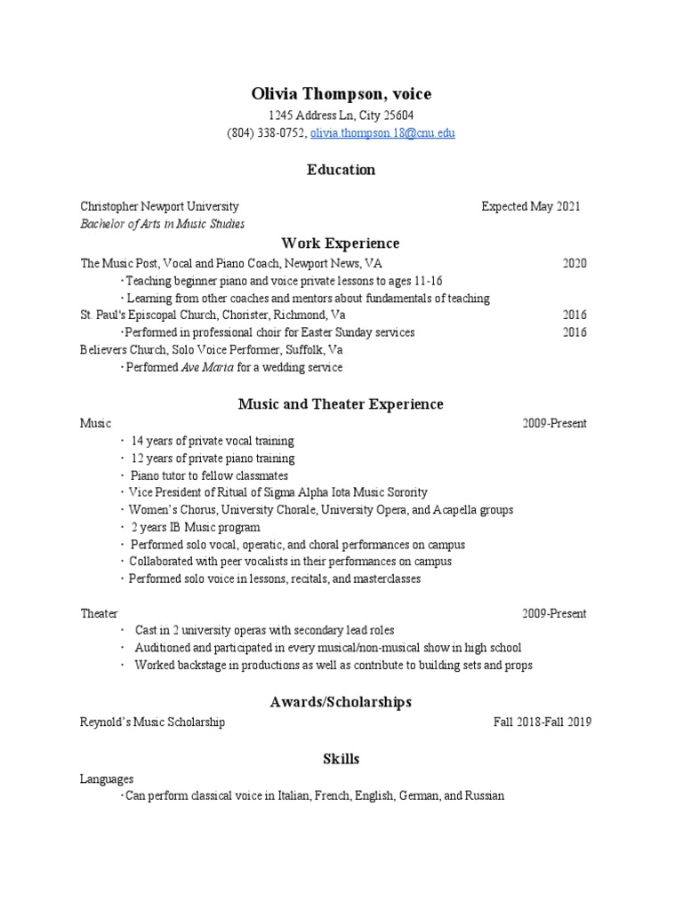 Final of Music Resume Writing | PDF | Choir | Opera