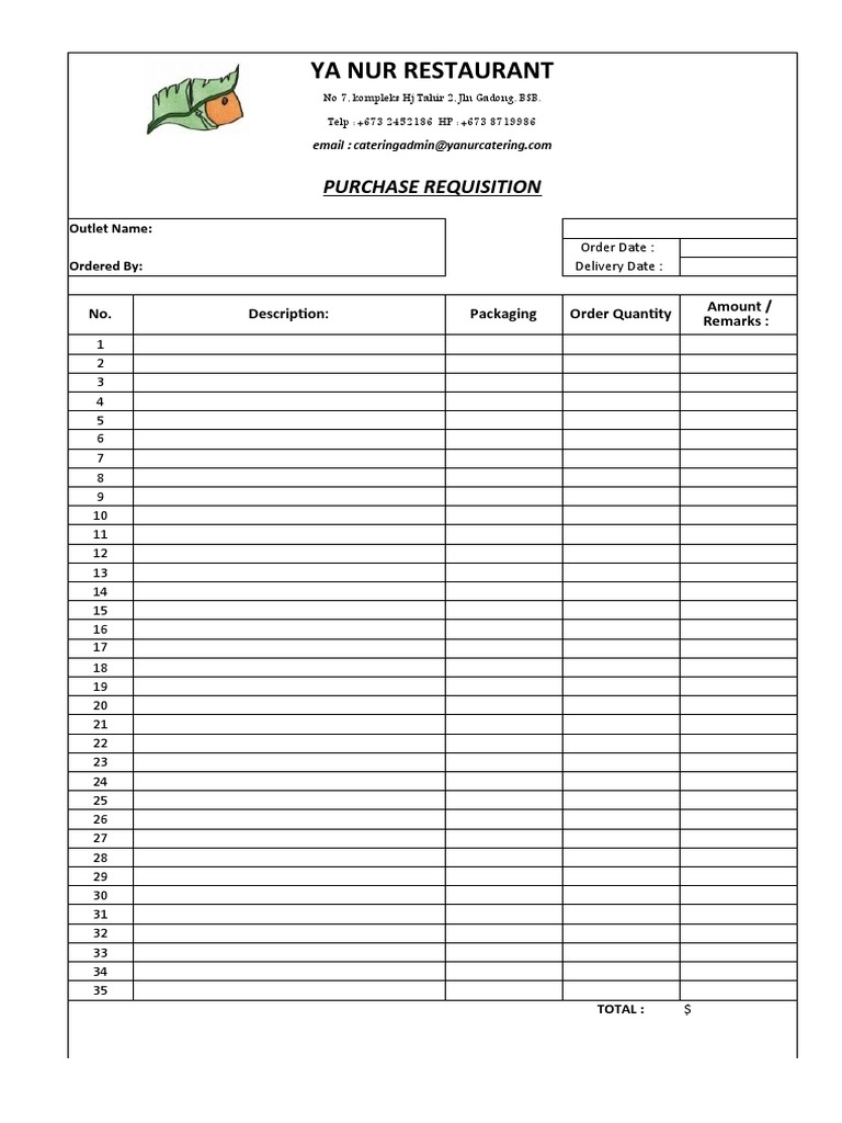 Ya Nur Restaurant: Purchase Requisition | PDF