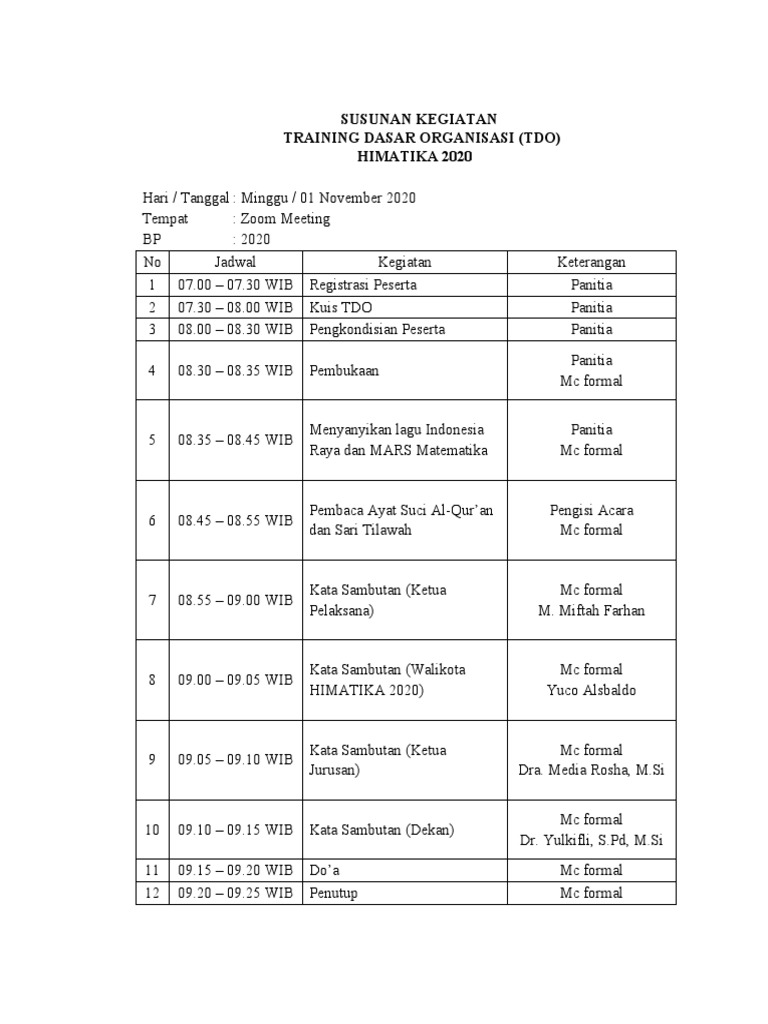 Susunan Kegiatan Tdo 2020 | PDF