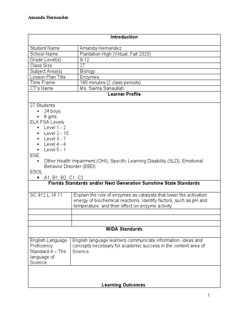 Enzymes Lesson Plan Template | PDF | Teaching | Learning