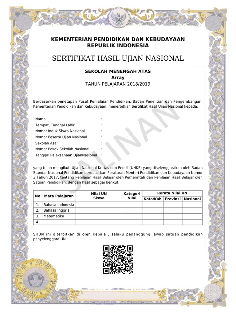 Contoh Blangko Daftar Nilai Akhir Sekolah | PDF