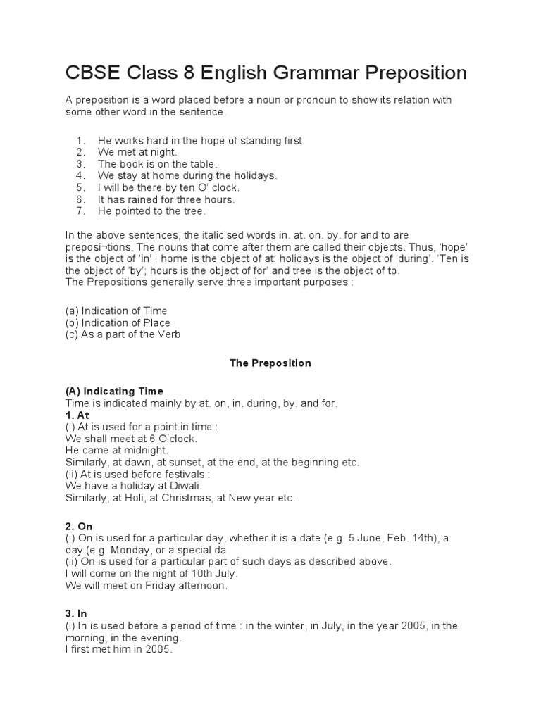 Preposition Class 8 | PDF | Object (Grammar) | Linguistic Morphology