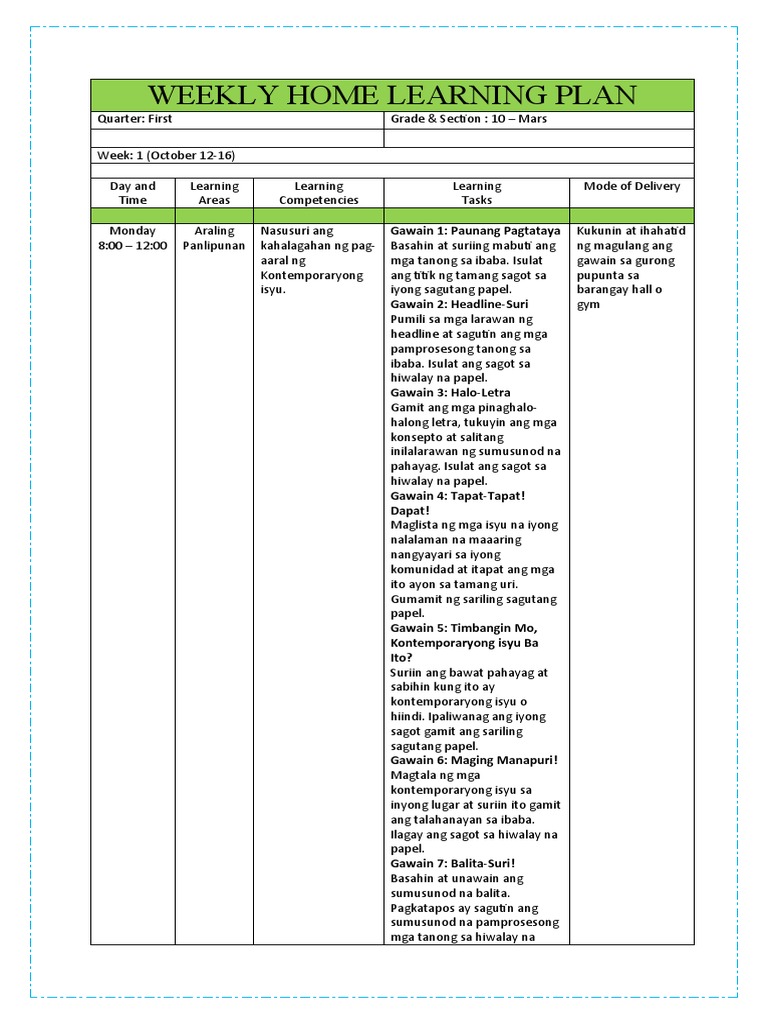 Weekly Home Learning Plan | PDF