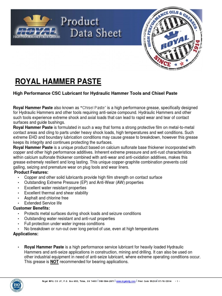 Royal Hammer Paste for Hydraulic Tools | PDF | Materials | Chemical ...