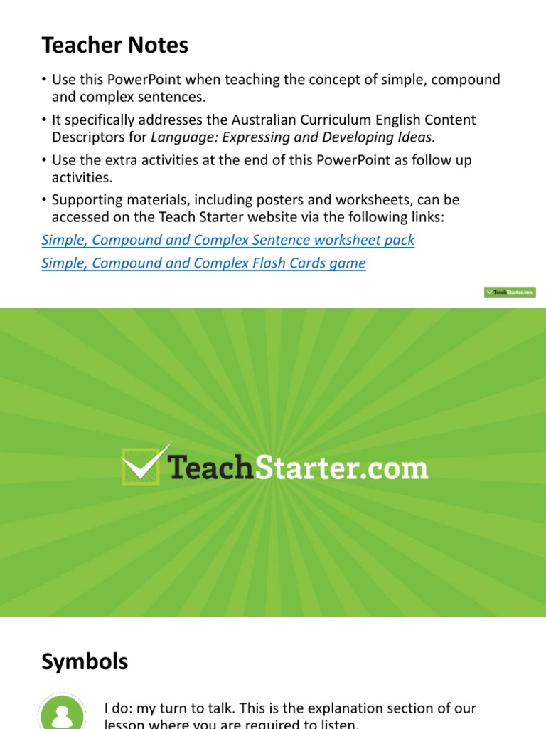 Teacher Notes: Simple, Compound and Complex Sentence Worksheet Pack ...