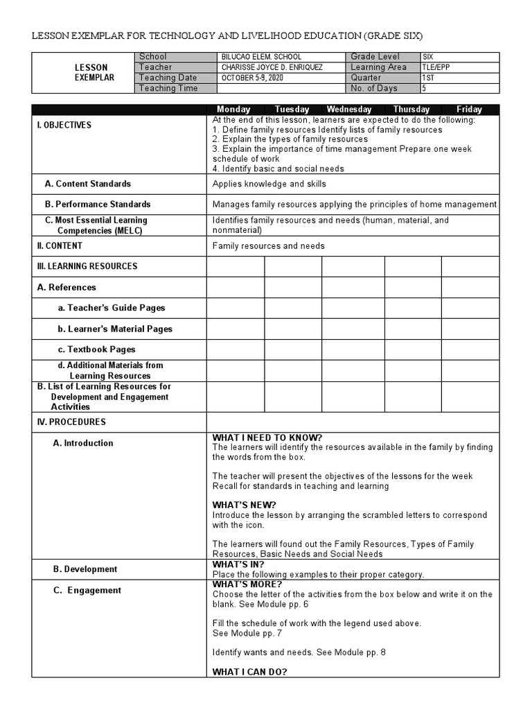 Lesson Exemplar - Tle - Epp - Grade Vi - He | PDF | Learning | Teachers