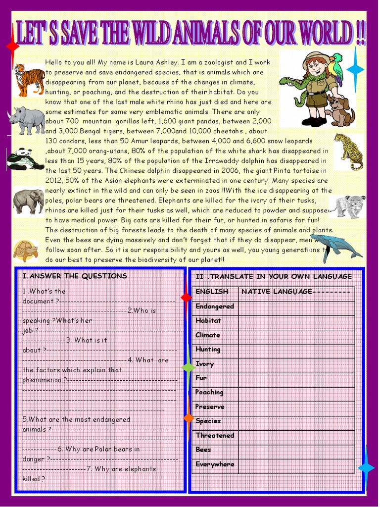 Lets Save The Wild Animals of Our Worldendangered Reading Comprehension ...