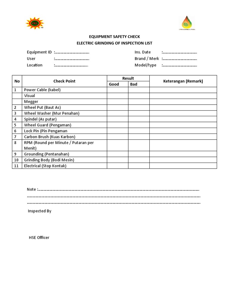 Equipment Safety Check Electric Grinding of Inspection List | PDF