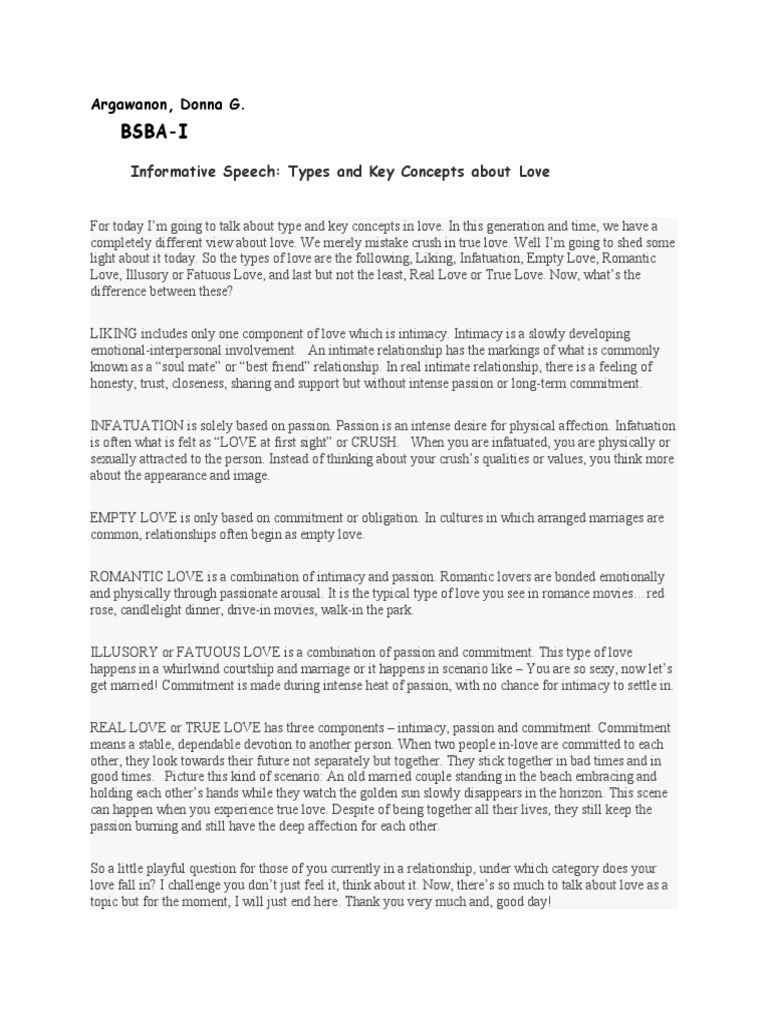 Bsba-I: Informative Speech: Types and Key Concepts About Love | PDF ...