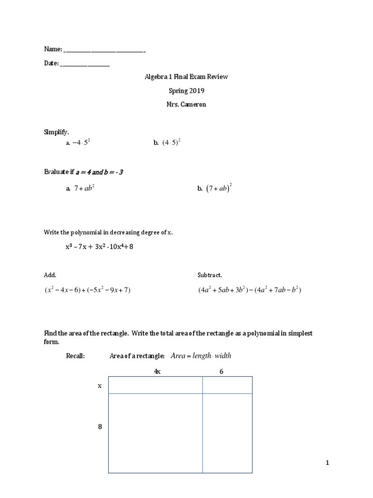 Algebra 1 Final Exam Review | PDF