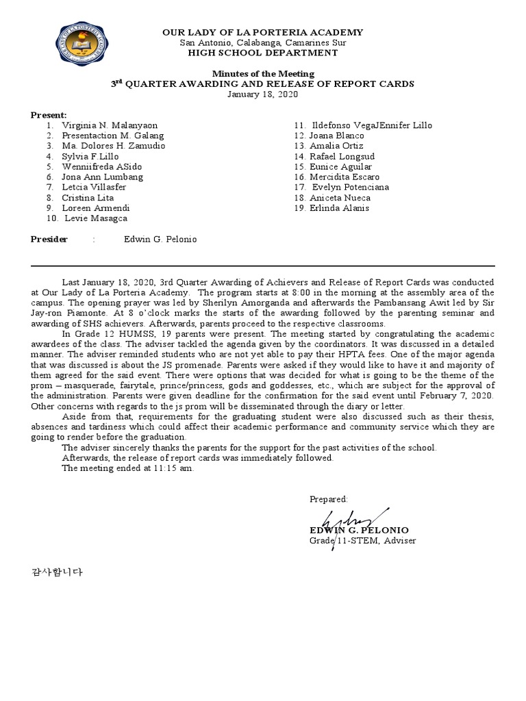 3rd Quarter Awarding and Release of Report Cards Minutes 2019 | PDF ...