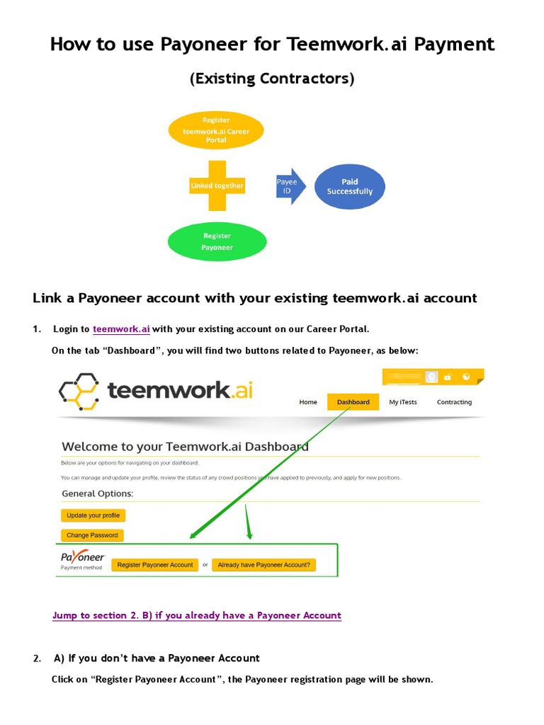 How To Use Payoneer For Teemwork - Ai Payment: (Existing Contractors) | PDF