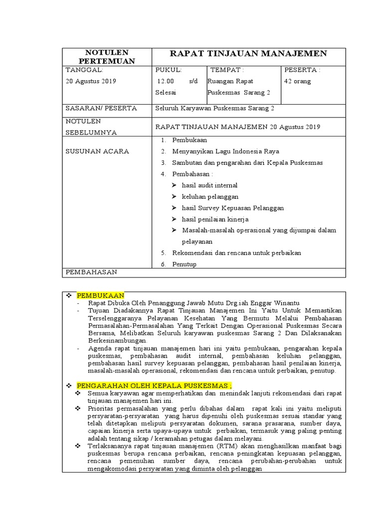 NOTULEN RTM 20 Agustus 2019 | PDF