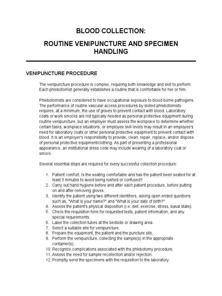 Blood Collection: Routine Venipuncture and Specimen Handling | PDF ...