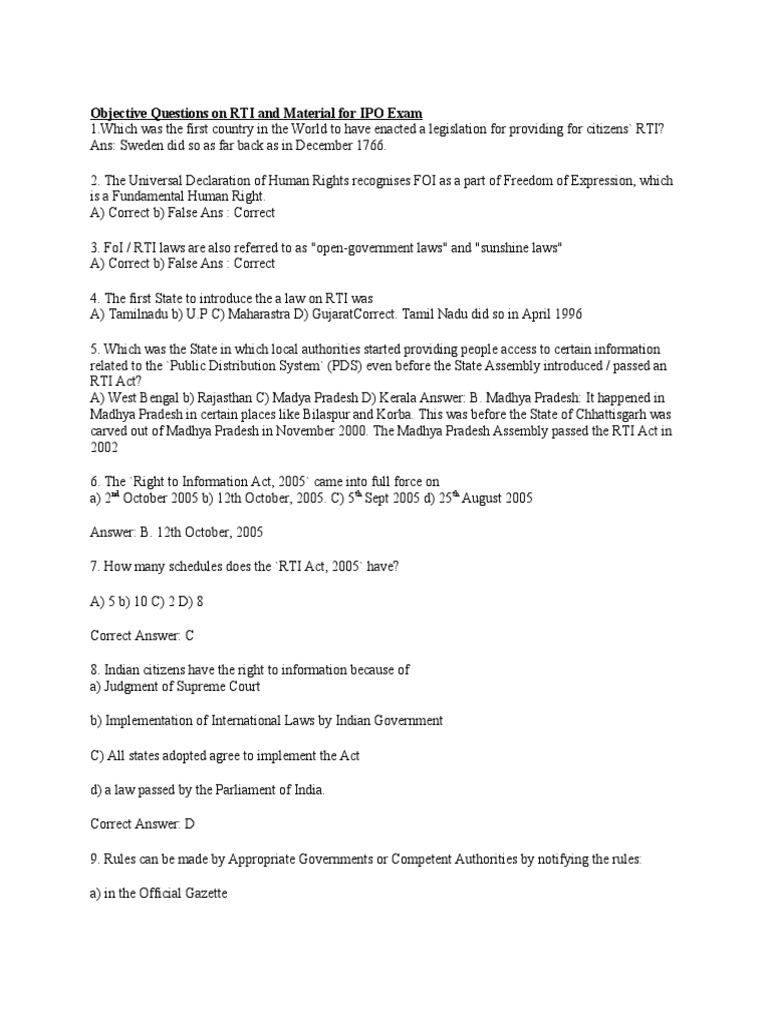 Objective Questions On RTI and Material For IPO Exam | PDF | Freedom Of ...