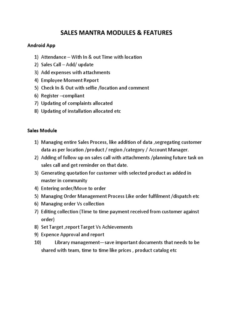 Sales Mantra Modules & Features | PDF | Sales | Business