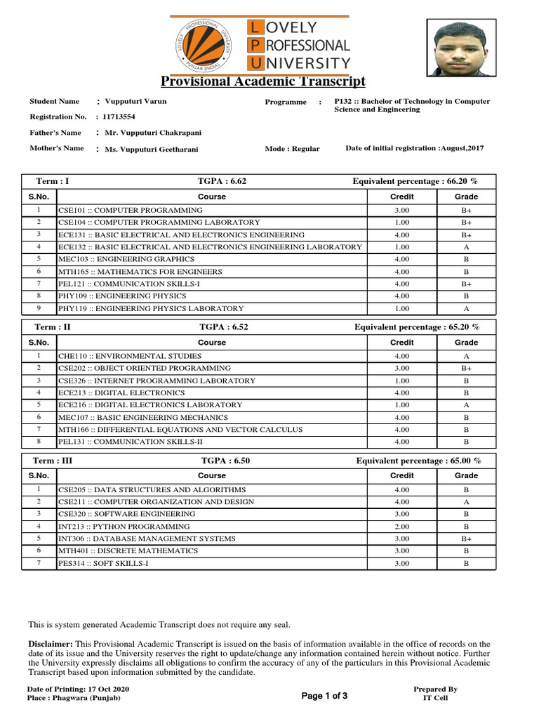 Provisional Academic Transcript: S.No. Course Credit Grade | PDF | Big ...