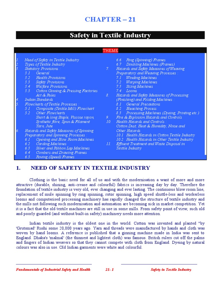 Safety in Textile Industry: Chapter - 21 | PDF | Textile Manufacturing ...