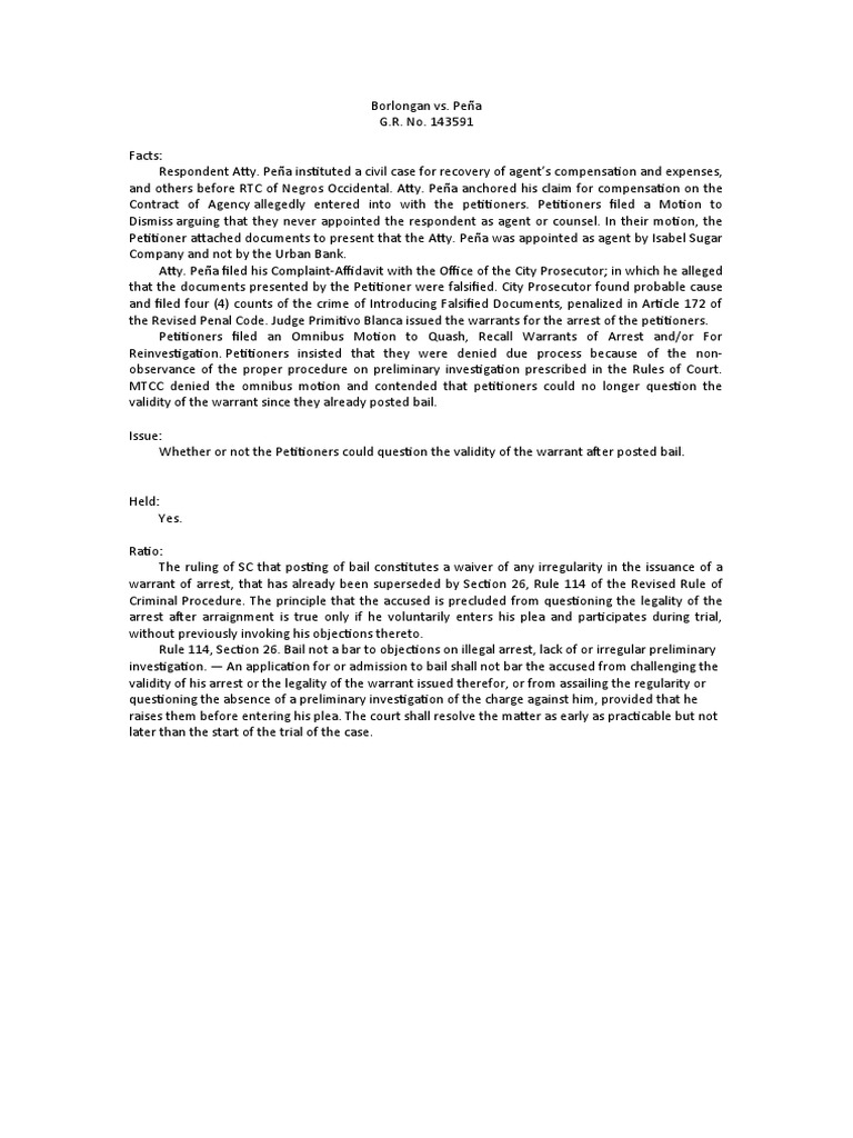 Borlongan vs. Peña | PDF | Arrest | Criminal Procedure In South Africa