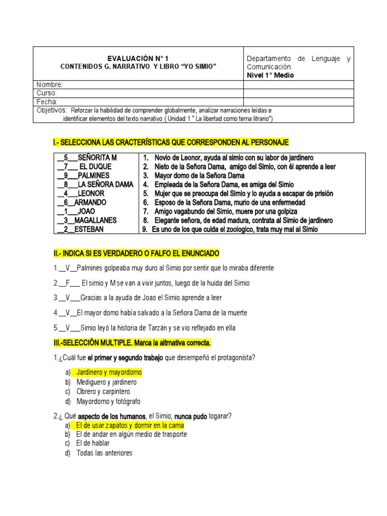 Evaluación sobre "Yo Simio" | PDF | Narrativa