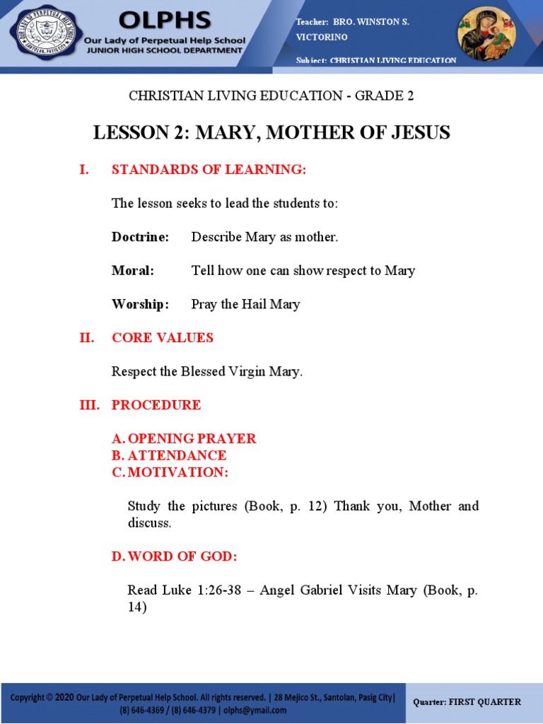 Lesson 2: Mary, Mother of Jesus: I. Standards of Learning | PDF