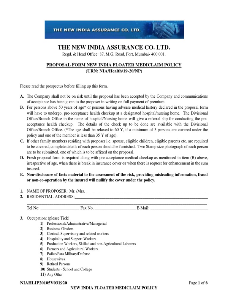 Proposal Form New India Floater Mediclaim Policy 21012020 - 1 | PDF ...