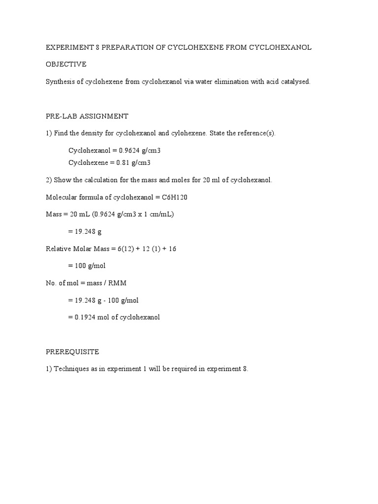 Experiment 8 Preparation of Cyclohexene From Cyclohexanol | PDF | Mole (Unit) | Distillation