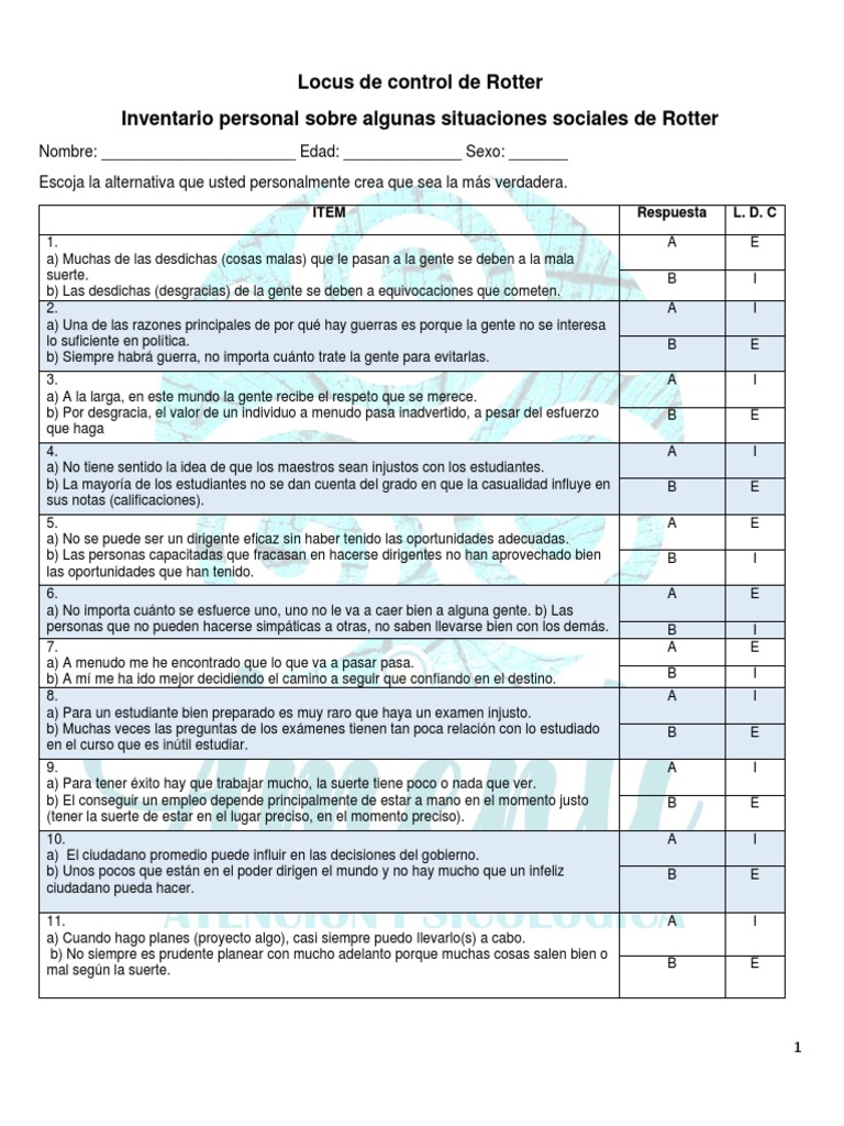 Locus de Control de Rotter PDF | PDF | Suerte | Conceptos psicologicos