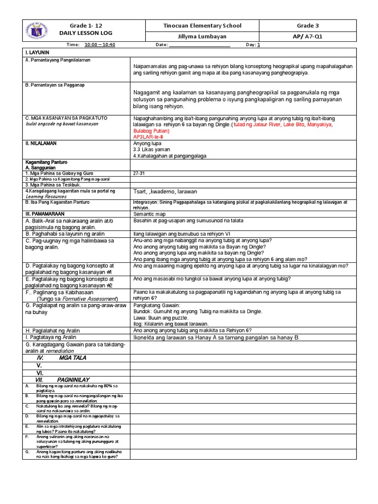 AP/ A7-Q1 Daily Lesson Log: Tulad NG Jalaur River, Lake Bito, Manyakiya ...