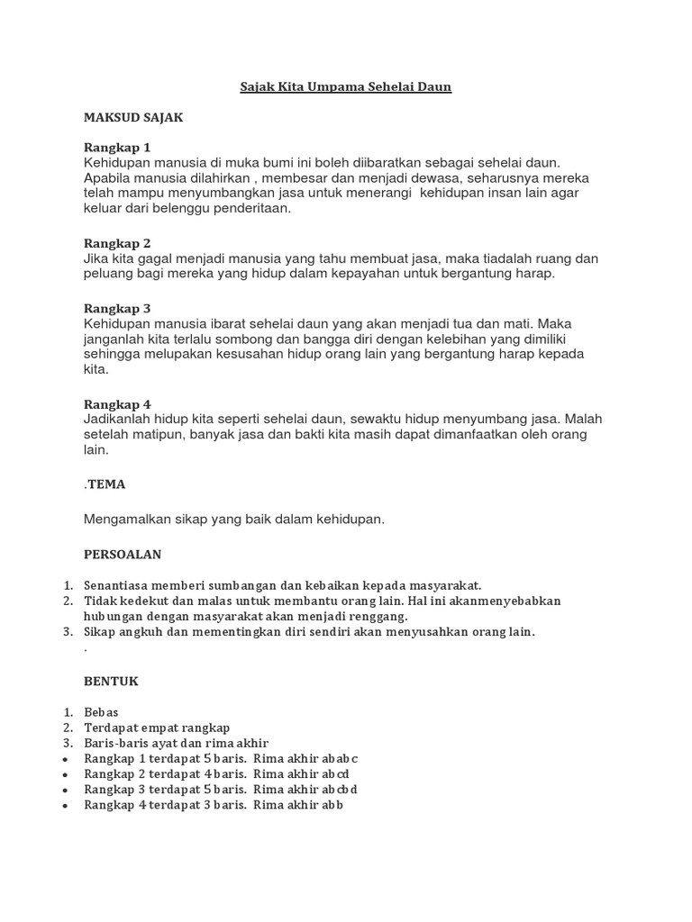 Sajak Kita Umpama Sehelai Daun-NOTA PDF | PDF | Seni & Disiplin Bahasa