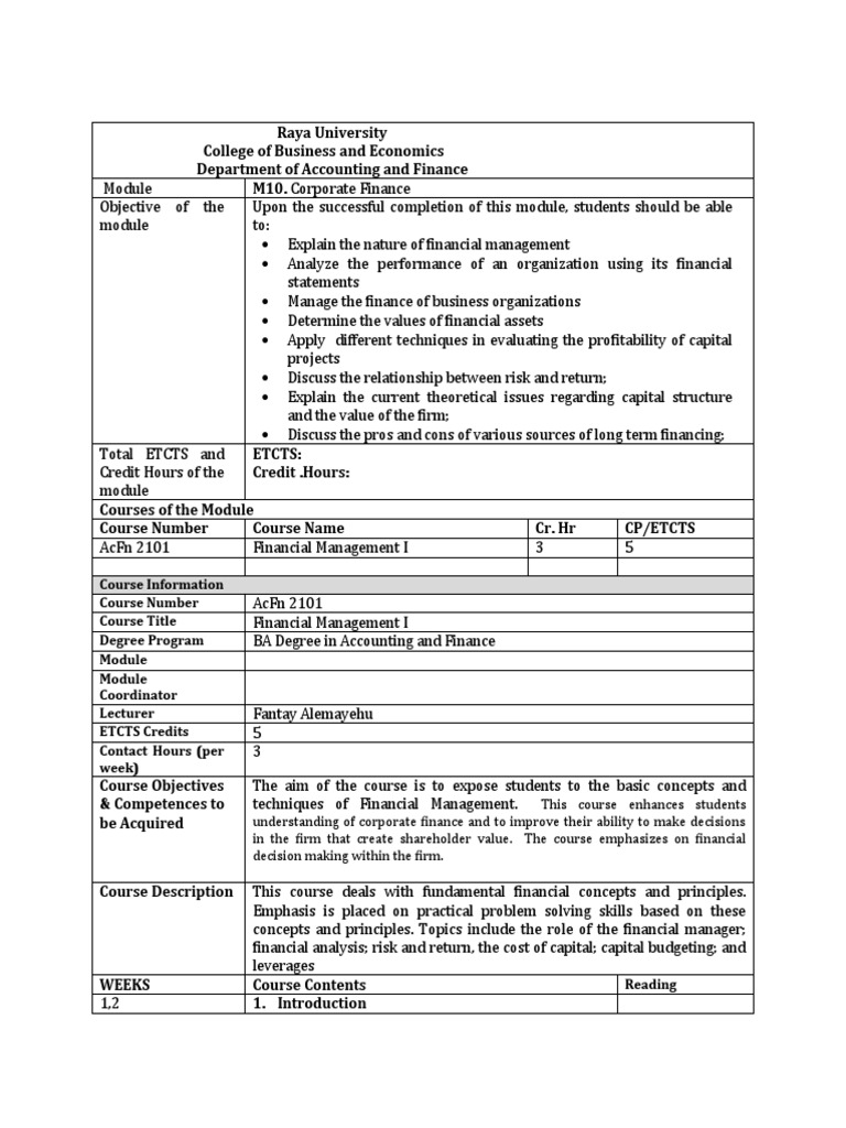 Financial Management - Course Outline | PDF | Cost Of Capital ...