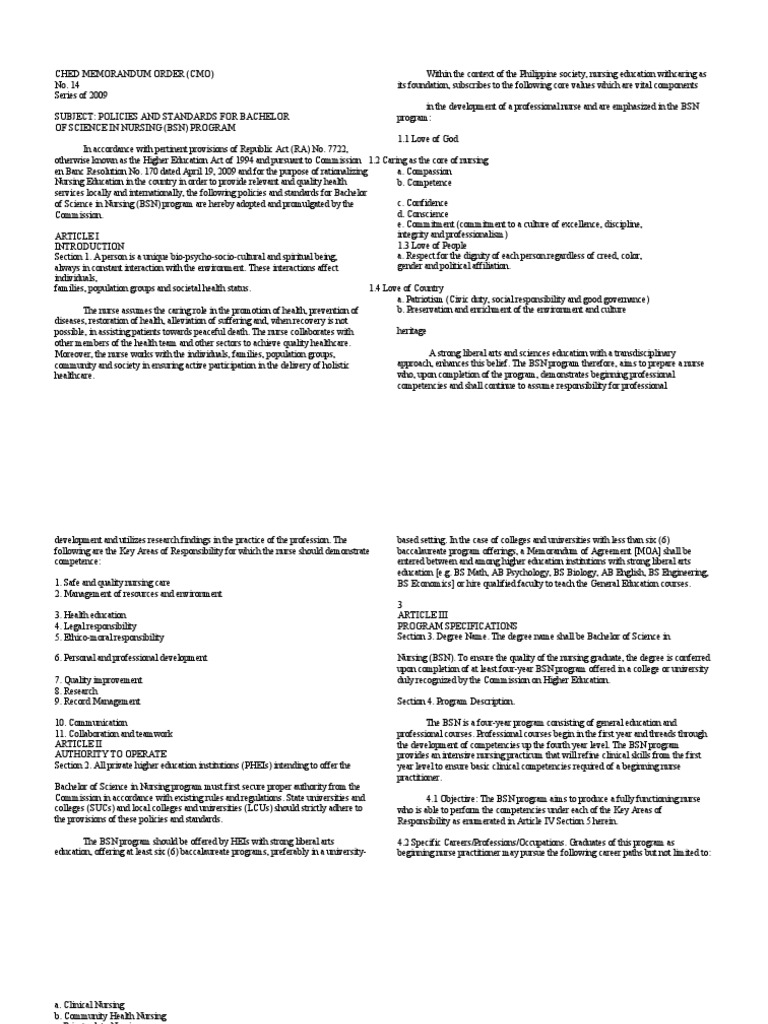 CHED CMO No. 14: Nursing Standards | PDF | Bachelor's Degree | Nursing