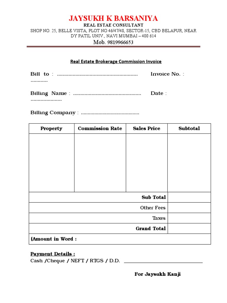 Real Estate Brokerage Invoice Format | PDF