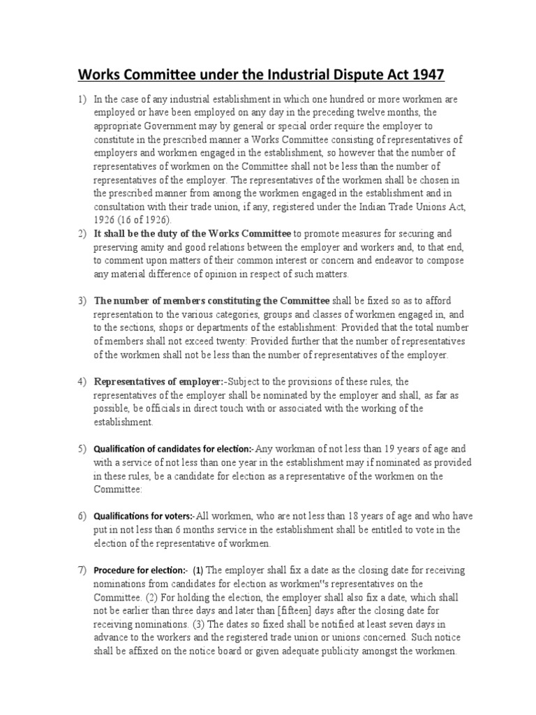Works Committee Under The Industrial Dispute Act 1947: Qualification of ...