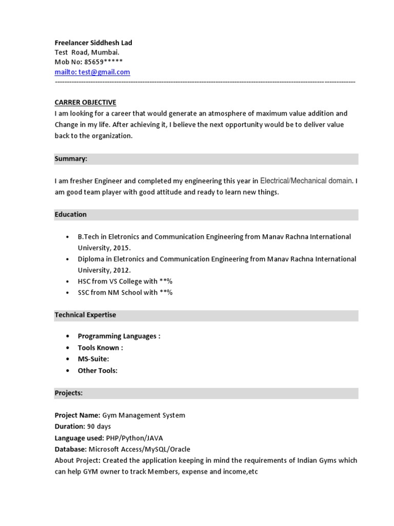 BCA Fresher Resume Sample Format in Word PDF | PDF