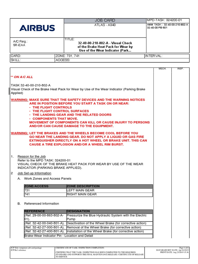 Job Card: MPD-TASK: 324200-01 ATLAS - A340 | PDF | Brake | Landing Gear