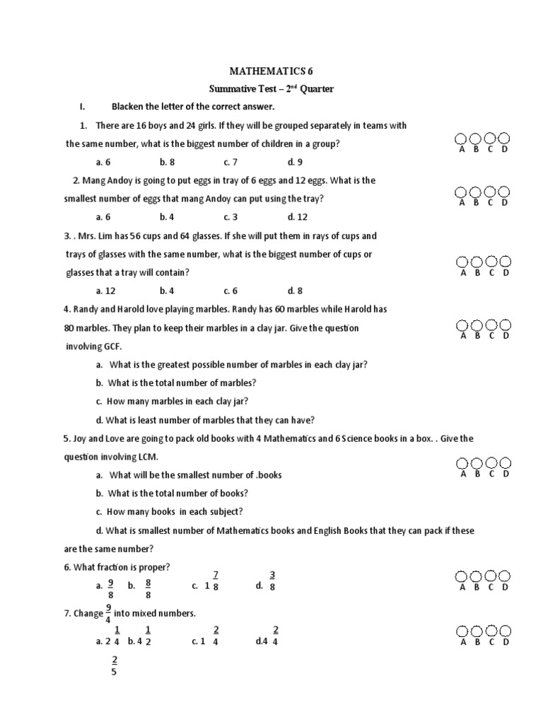 Mathematics 6 Summative Test - 2 Quarter I. Blacken The Letter of The ...