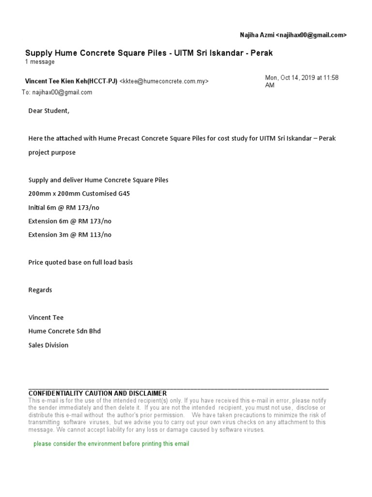 Supply Hume Concrete Square Piles - UITM Sri Iskandar - Perak | PDF