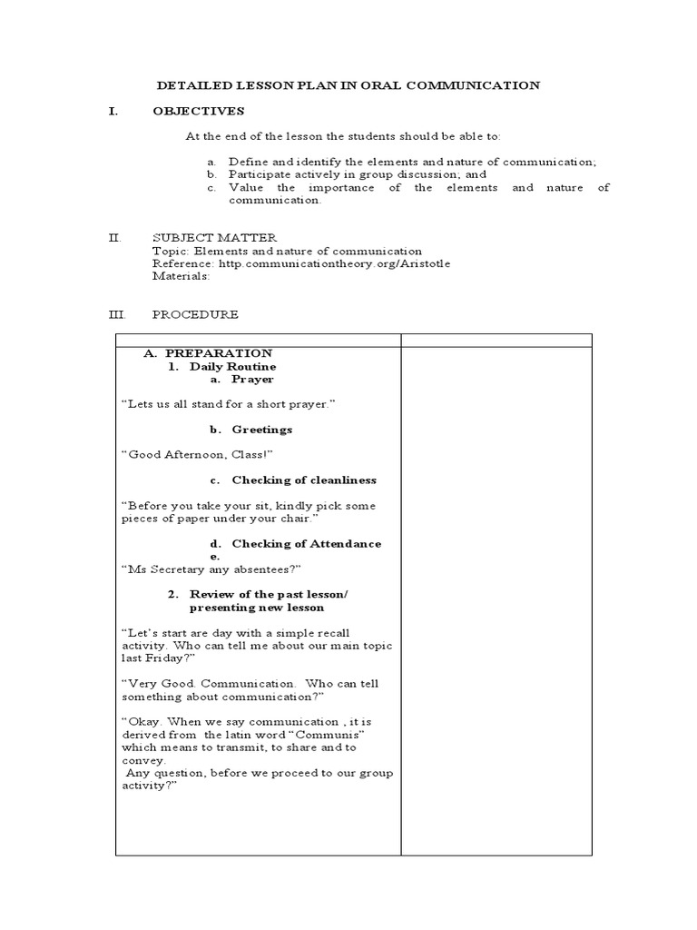 Detailed Lesson Plan in Oral Communication I. Objectives | PDF ...