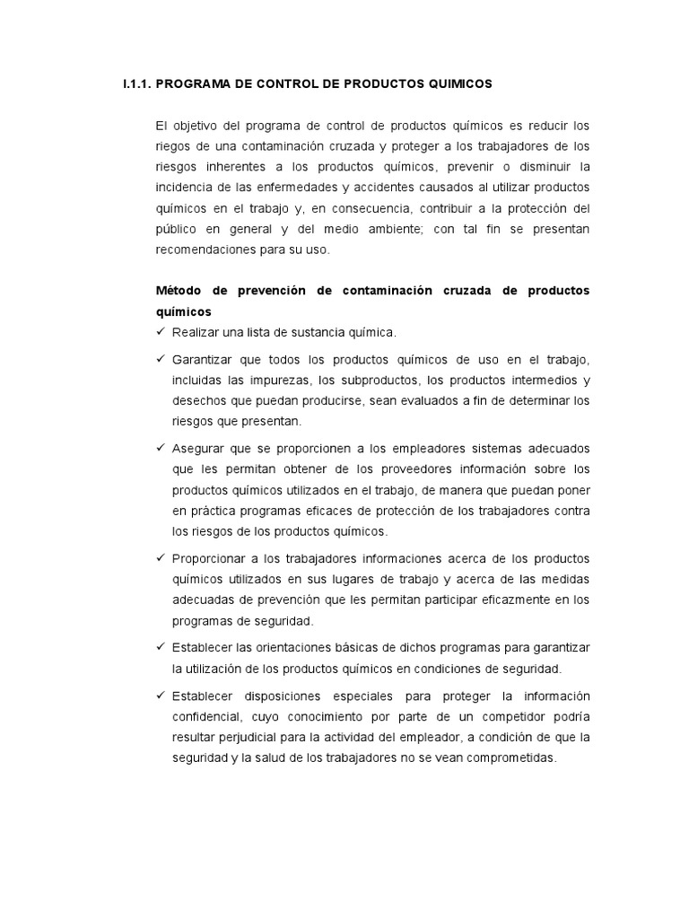 PROGRAMA DE CONTROL DE PRODUCTOS QUIMICOS Subir | PDF