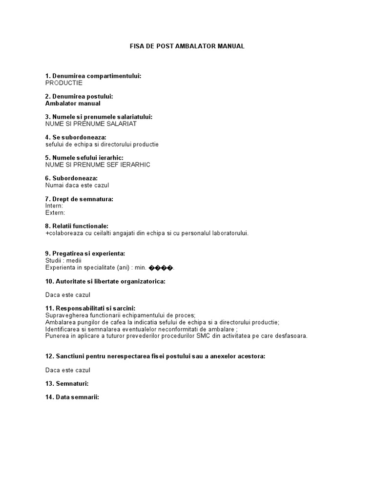 Fisa de Post Ambalator Manual | PDF
