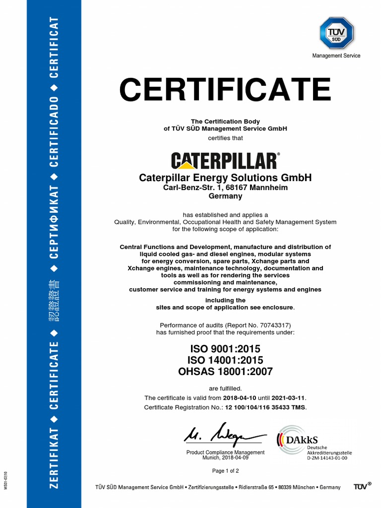 Certificate: Caterpillar Energy Solutions GMBH | PDF | Business ...