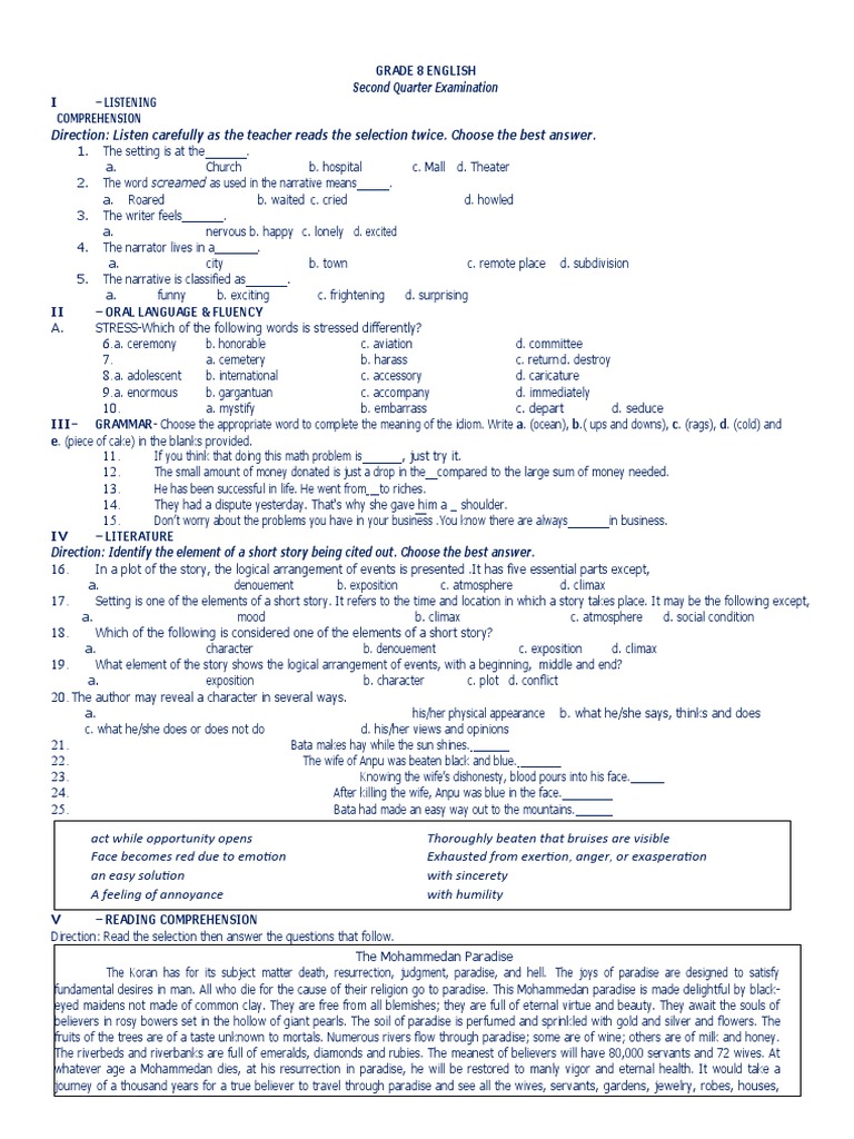 Grade 8 English 2nd Quarter Exam | PDF | Paradise