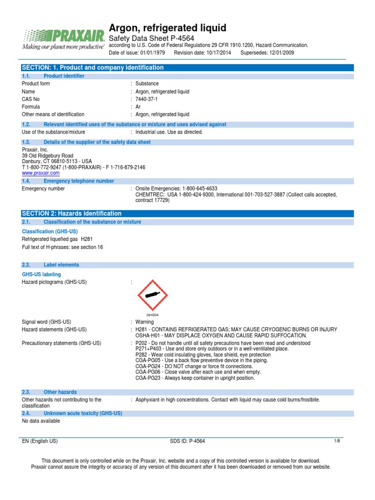 Argon, Refrigerated Liquid: Safety Data Sheet P-4564 | PDF ...