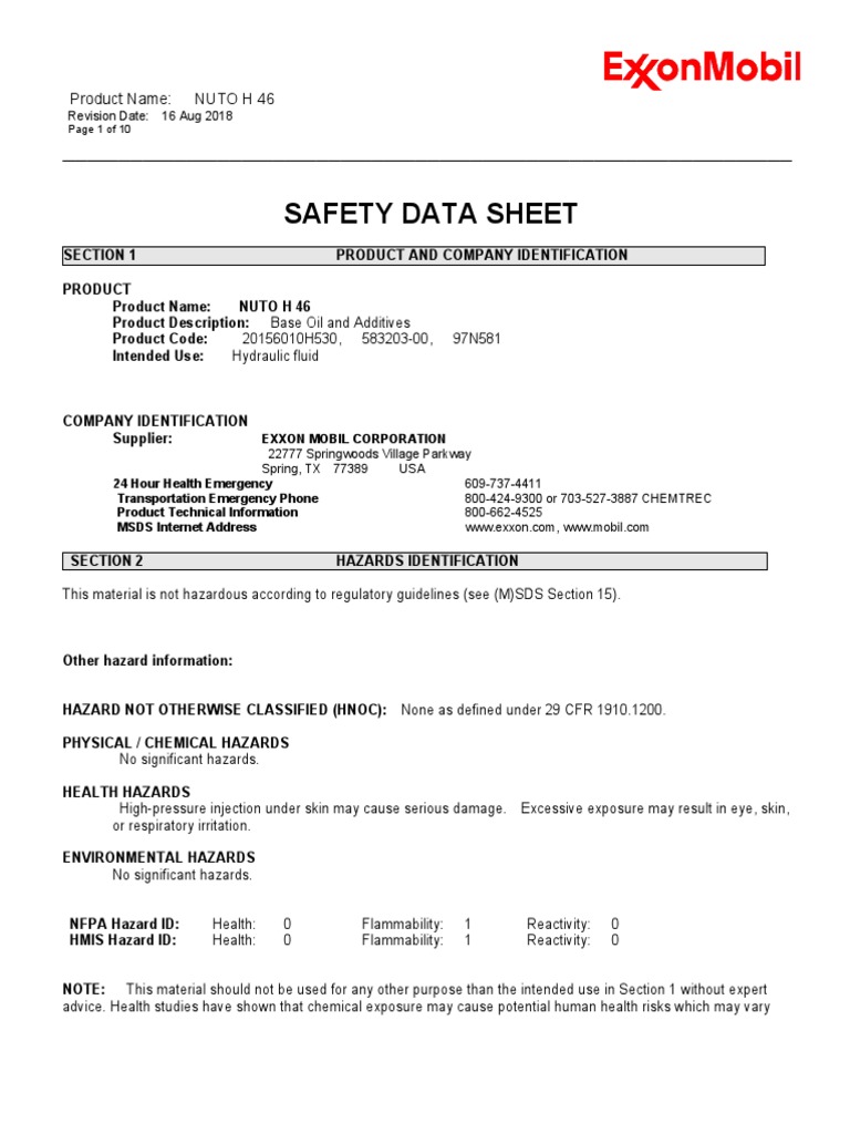 Safety Data Sheet: Product Name: NUTO H 46 | PDF | Firefighting | Waste ...